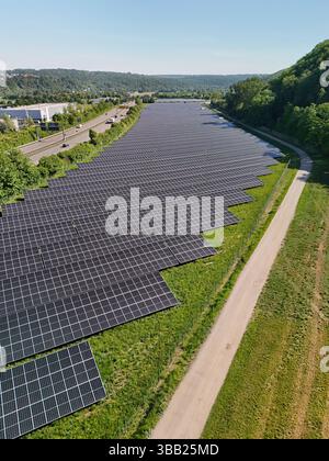 Aerial image of motorway next to solar energy power station, Salamanca ...