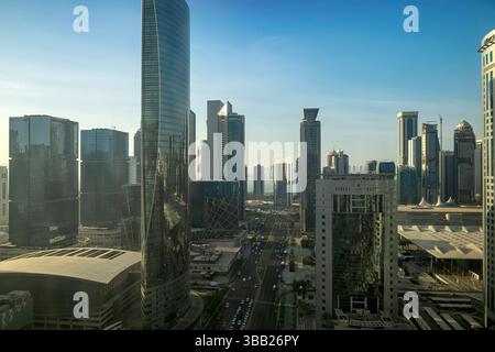 Futuristic urban Doha skyline. Global communication and network. West ...