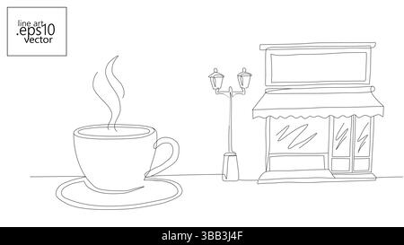 One line cafe street scene illustration. Continuous line coffee shop ...
