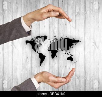 Black map on the gray wood wall background. Pollution concept. Elements ...