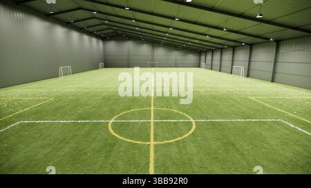 Indoor soccer Football Pitch with Artificial Turf and Metal Roof Stock ...