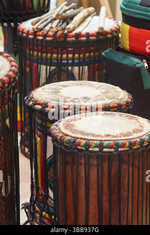 African drums and musical instruments made of wood and leather in an ...