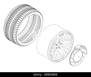 A tire is shown with a rim and a brake. The tire is black and the rim ...