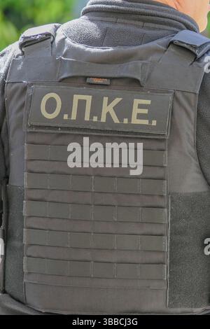 Thessaloniki, Greece, May 4, 2025. A police officer's uniform with the ...