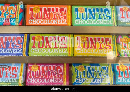 Tony's Chocolonely chocolate bars on grocery store shelf. Toronto ...