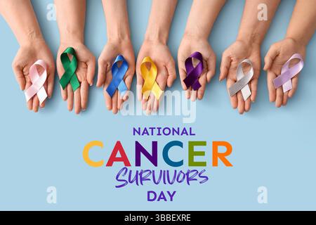 Different awareness ribbons on turquoise background. World Cancer Day ...