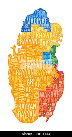 Qatar map design. Country names in different languages and map shape ...