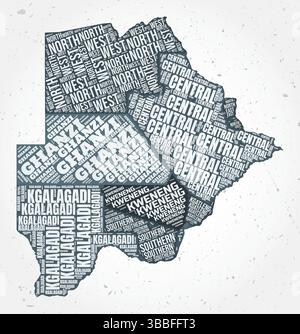 Botswana regions map word cloud. Botswana region names. Black and white ...