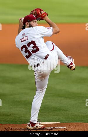 May 1, 2025: Razorback pitcher Zach Root (33) releases the ball from ...