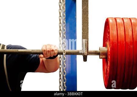 barbell for squat on monolith, man athlete preparing to strength ...