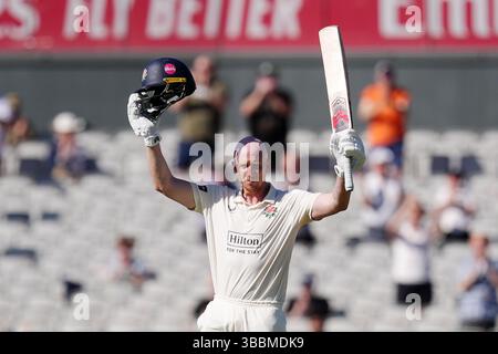 Lancashire's Luke Wells celebrates hitting a century on day one of the ...