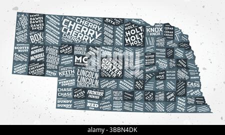 Nebraska counties map word cloud. Nebraska region names. Black and ...