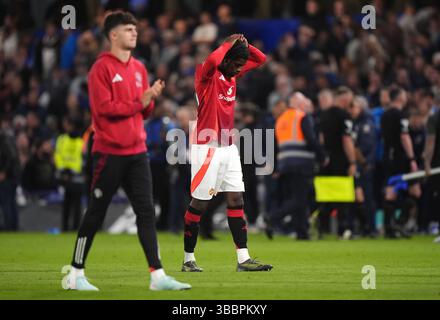 Manchester United's Patrick Dorgu reacts disappointed after a goal was ...