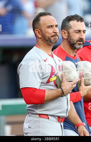 St. Louis Cardinals manager Oliver Marmol looks down as he waits for ...