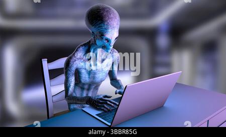 Illustration of a humanoid alien working on a laptop Stock Photo - Alamy