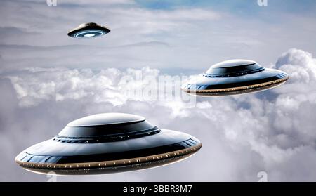 Unidentified Flying Object In Cloudy Sky With Strong Lights Pointed Towards The Camera Stock