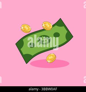 A Piece of Paper Money and Coins Floating Vector Illustration Cartoon ...