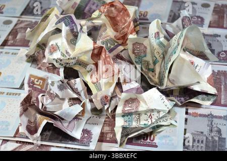 crumpled Egyptian money pounds EGP LE banknotes of different value ...