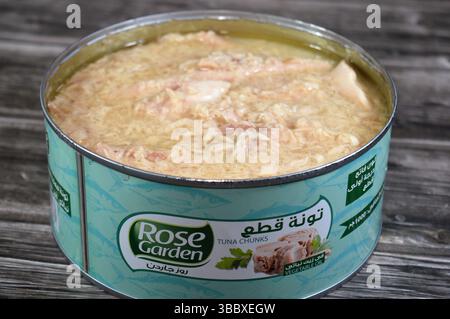 Cairo, Egypt, May 1 2025: Rose Garden Tuna chunks, Tuna is a saltwater ...