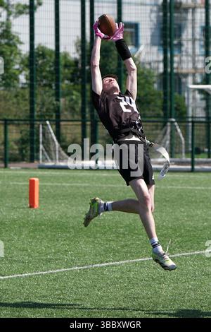 Aerial skills whilst playing flag football in Cardiff, Wales, UK Stock ...