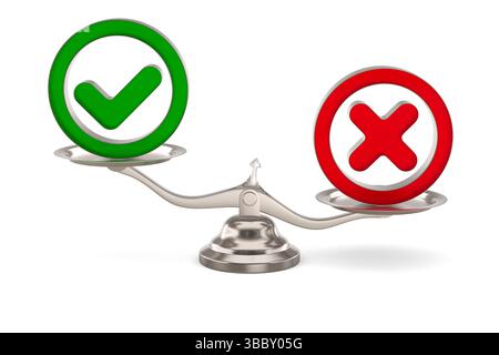 Rejection sign and check mark on scale. White background. Isolated 3D ...