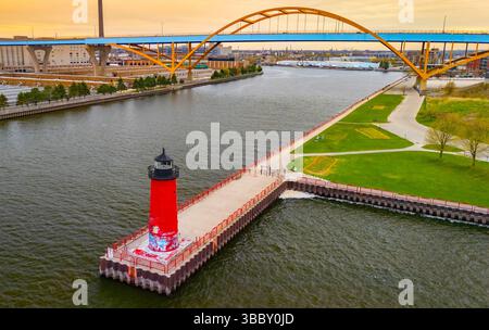 Aerial View of Milwaukee Pierhead Lighthouse and Hoan Bridge at summer ...