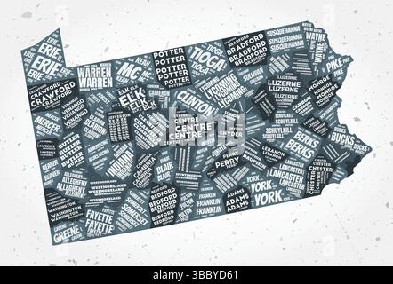 Pennsylvania counties map word cloud. Pennsylvania region names. Black ...