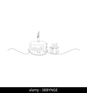 Continuous line drawing of a birthday cake with candle, Continuous Line ...