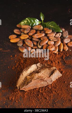 Close up view of cocoa powder on chocolate on black background Stock ...