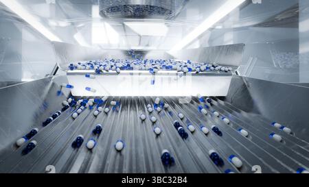 Pill capsules being aligned by a vibrating feeder machine system ...
