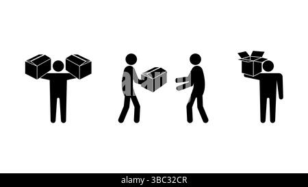 Set of stick figures, professional movers and parcel delivery, flat ...