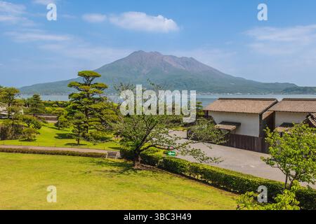 Scenery of Sengan en with Sakurajima as background, Kagoshima, Kyushu ...