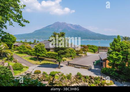 Scenery of Sengan en with Sakurajima as background, Kagoshima, Kyushu ...