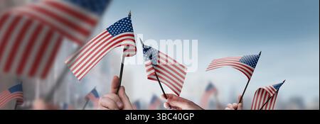 USA flags in their hands on a blurred urban background Stock Photo - Alamy