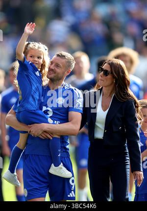 Leicester City's Jamie Vardy with his family on the pitch after the ...