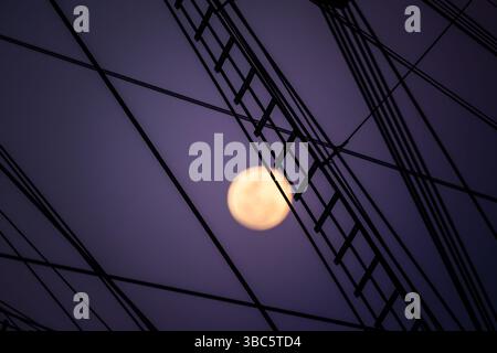 Full Moon Behind Ship Rigging at Dusk – Nautical Twilight Scene - Focus ...