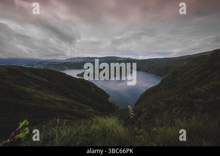 The image shows Cuicocha Lake, a stunning crater lake in Ecuador ...