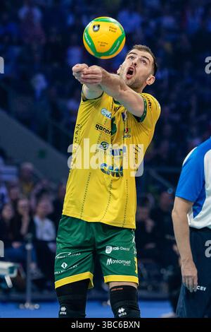 Aaron Russell of Aluron CMC Warta Zawiercie (L) and Mateusz Bienik of ...