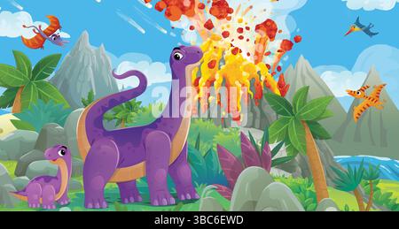 cartoon dinosaur land scene with animal dino in the jungle illustration ...