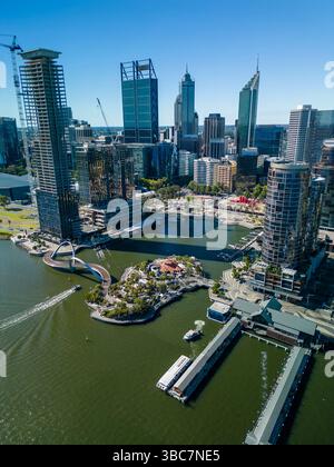 Aerial vertical shot of Perth city and highway traffic in Australia ...