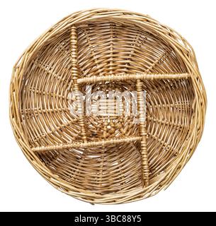 Empty round wicker tray on white background with natural handmade ...