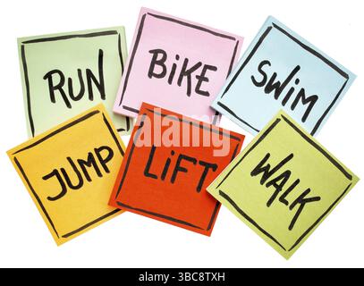 Walk, bike, lift, run, jump, swim - fitness or cross training concept ...