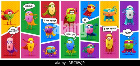 Cartoon micronutrient superhero characters. Funny vitamin and mineral ...