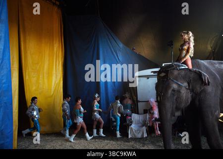 An elephant and its handler prepare for their performance backstage at ...