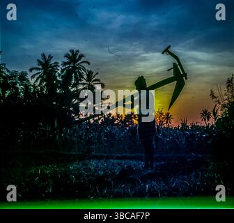 Farmer Returning Home at Dusk, With His Farm Equipment Plough ...
