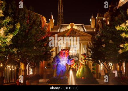 The Beauty and the Beast France pavilion at night, Epcot amusement park ...