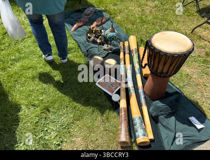 Old Music instruments drums and didgeridoo vertical Stock Photo - Alamy