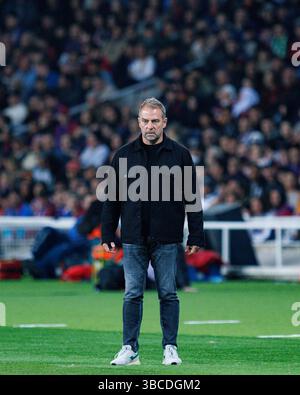 Barcelona manager Hansi Flick during a press conference at St James' Park, Newcastle upon Tyne ...