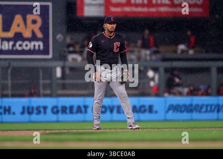 Cleveland Guardians' Gabriel Arias prepares to make a throw against the ...