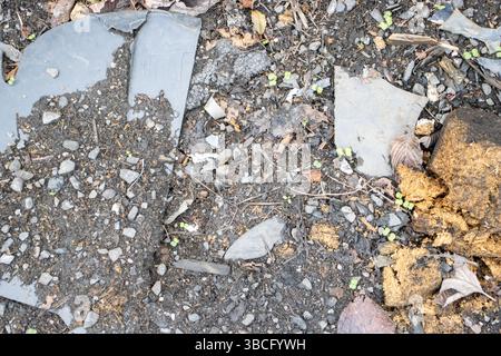 pile of dirt and old tarmac with litter and car parts on the road side ...